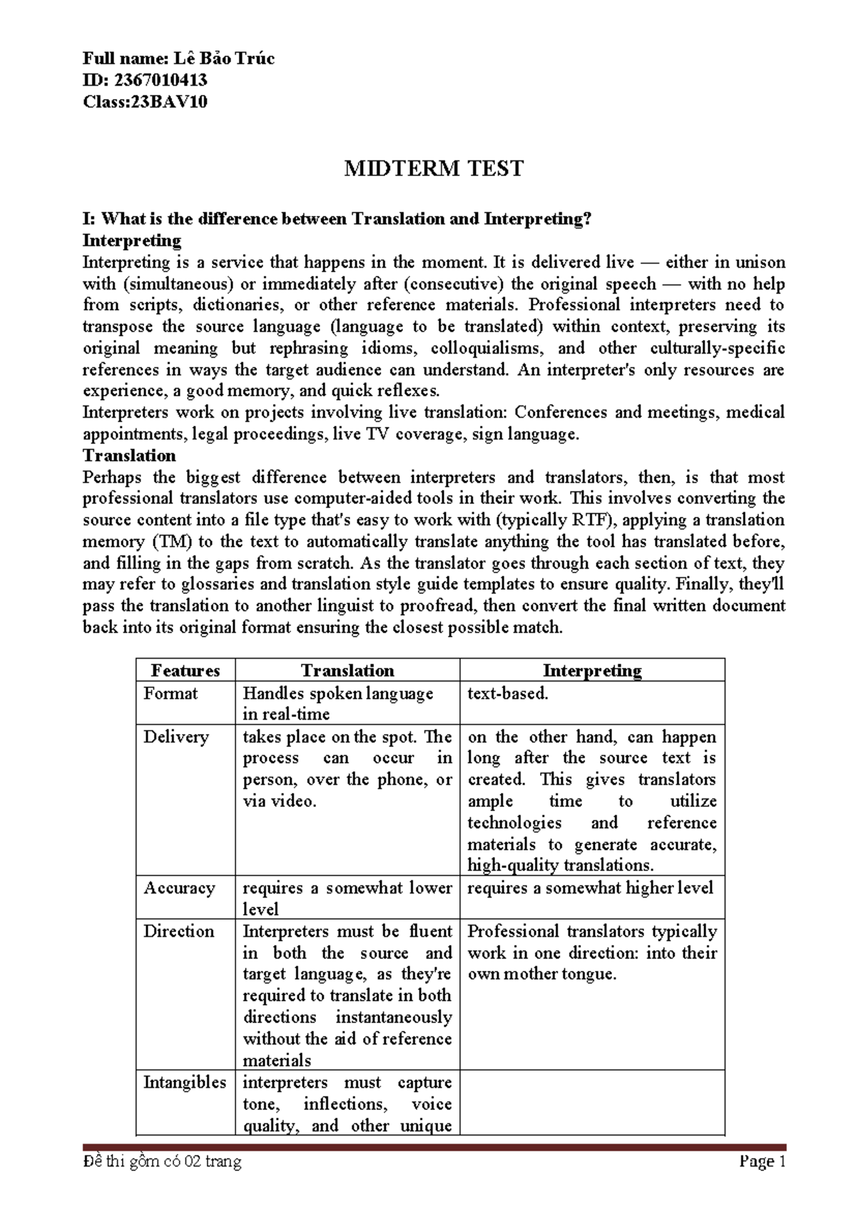 MIDTERM TEST ENGLISH 2 - Full name: Lê Bảo Trúc ID: 2367010413 Class ...