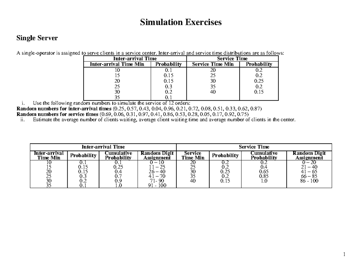 Simulation Exercises - Simulation Exercises Single Server A single ...