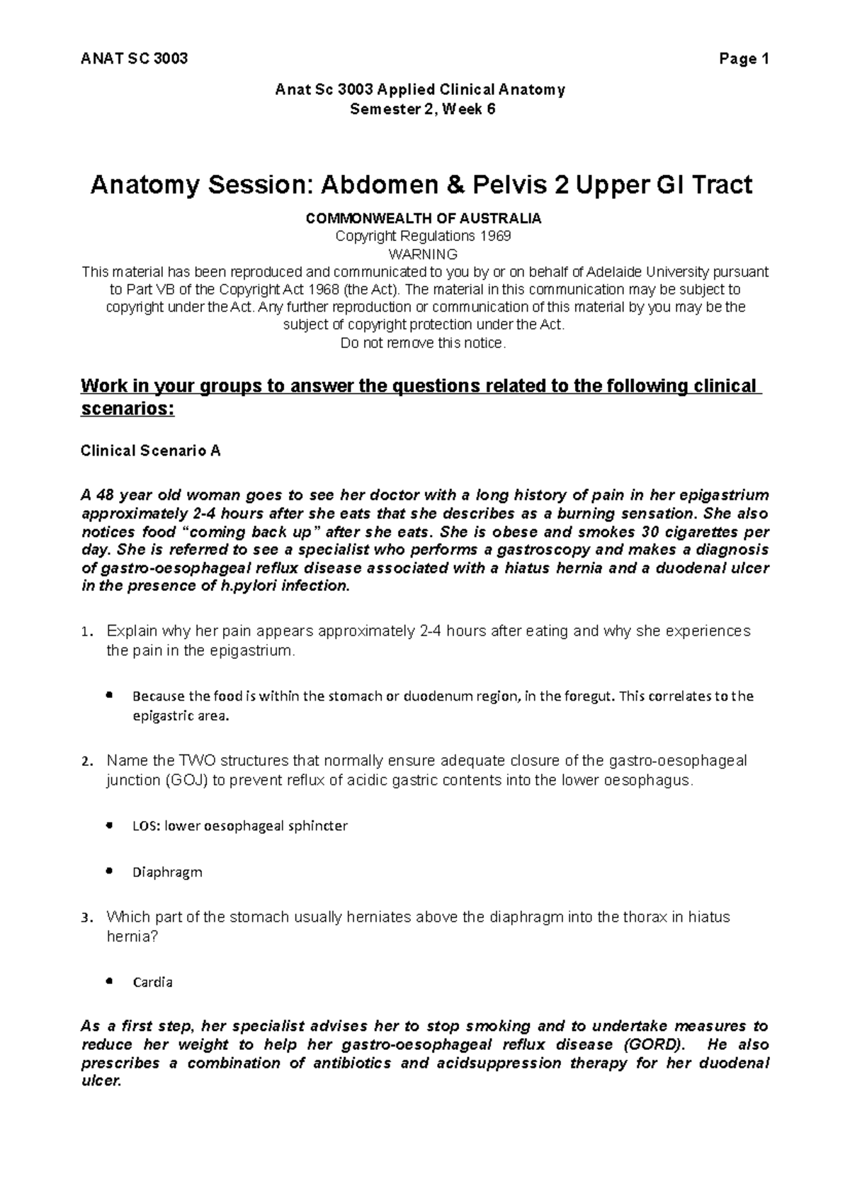 Week 6 upper GI tract DRY prac notes - Anat Sc 3003 Applied Clinical ...