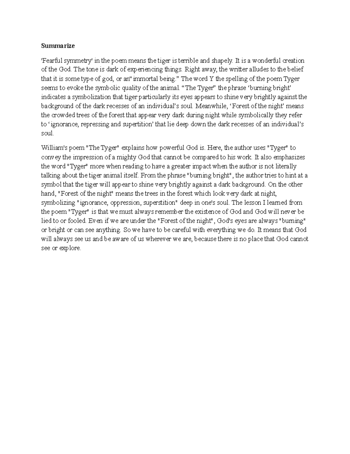 Summaries Group 4 - Summarize 'Fearful symmetry' in the poem means the ...