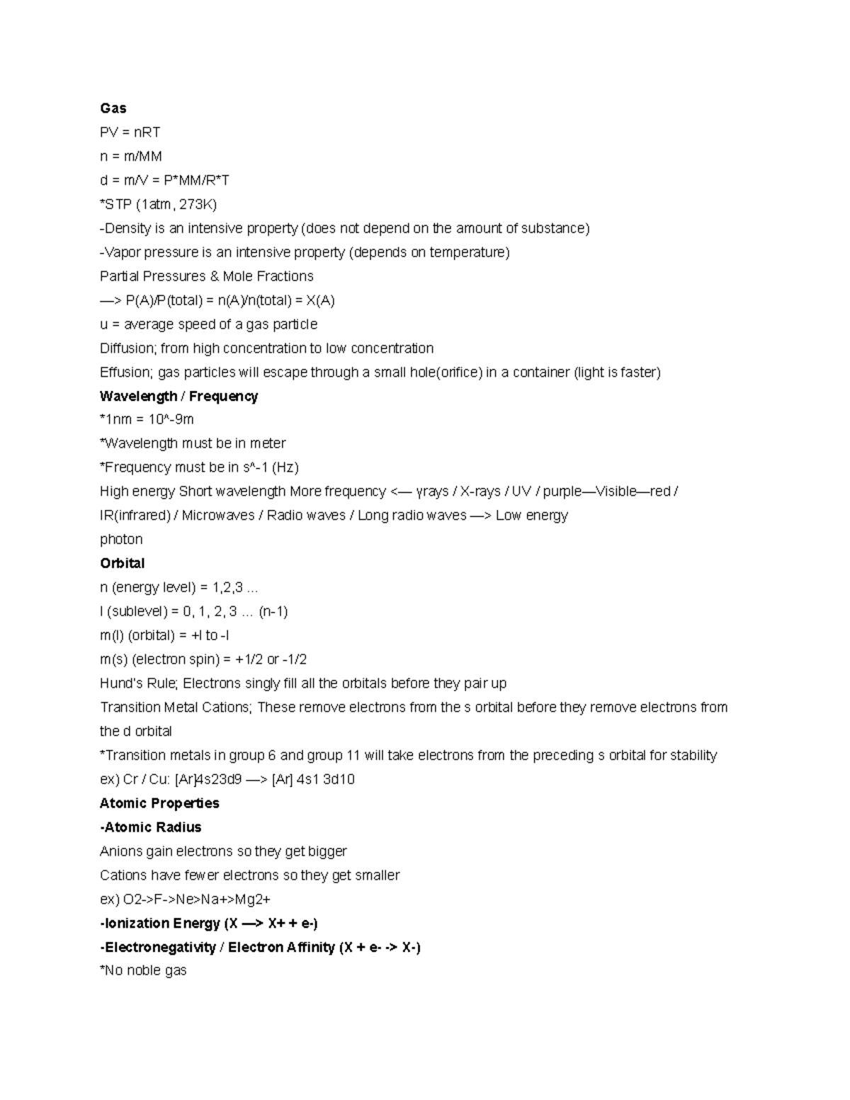 CHEM 1127Q Exam 3 - Lecture Notes - Gas PV = nRT n = m/MM d = m/V = PMM ...