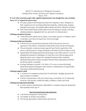 Defining therapeutic recreation lecture notes - RECR 274: Introduction ...