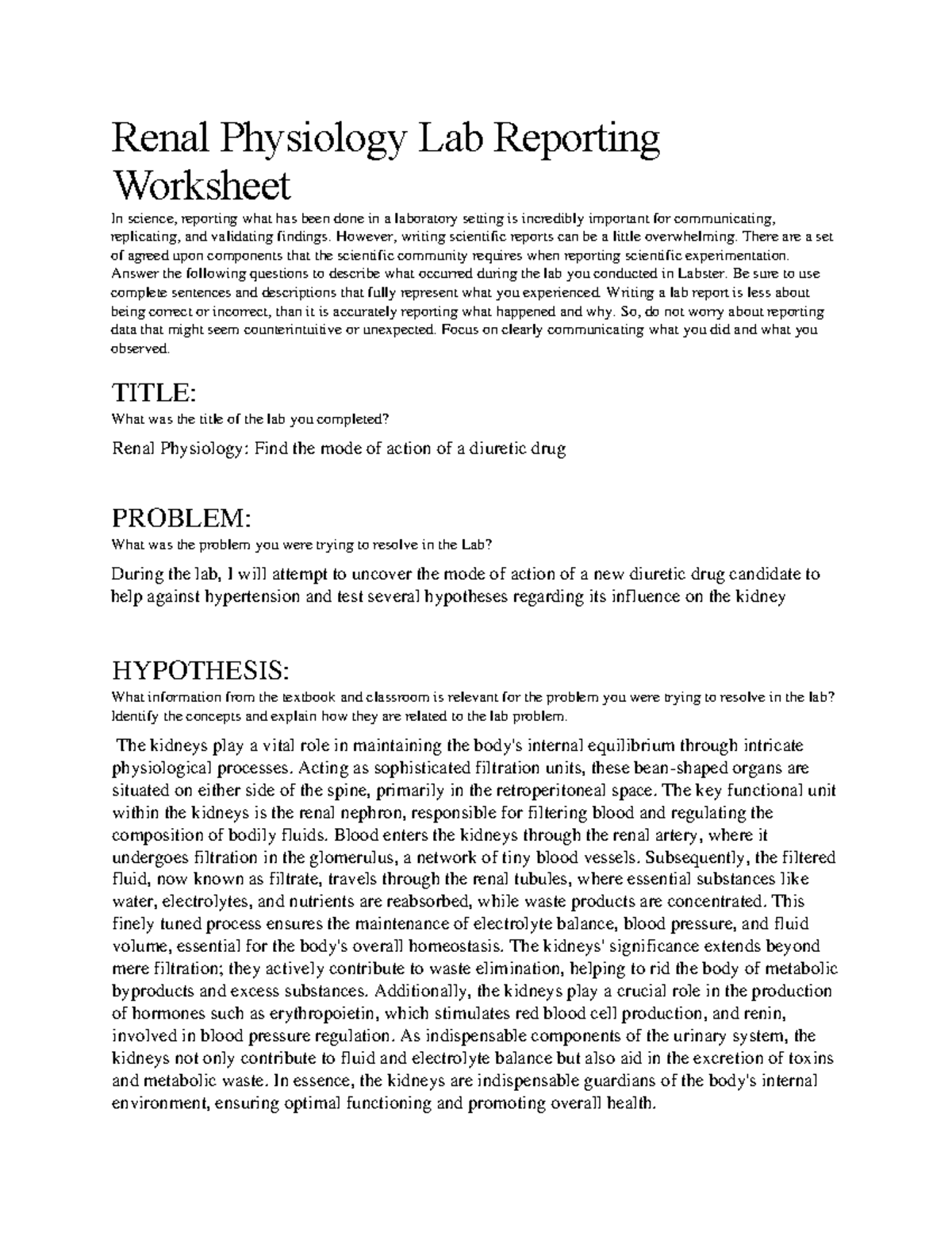 Renal Physiology Lab Reporting Worksheet - Renal Physiology Lab ...
