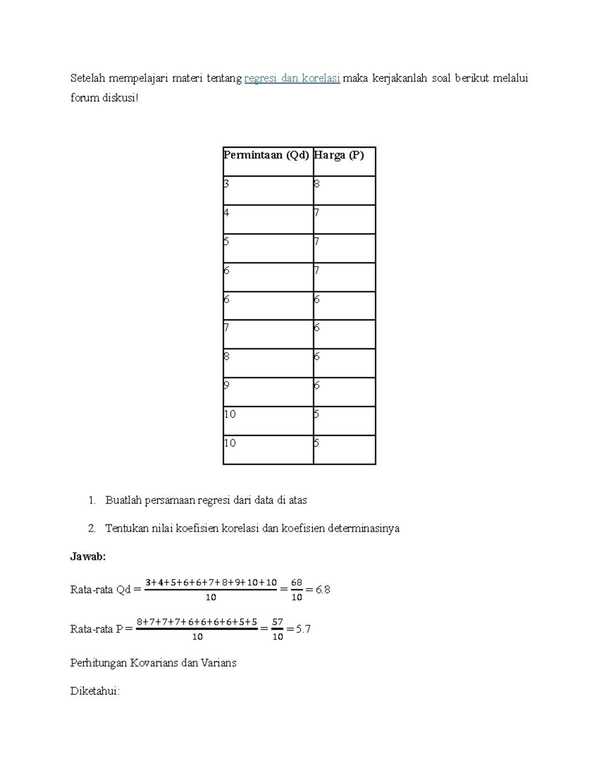 Diskusi 5 Statistika Ekonomi - Setelah mempelajari materi tentang regresi dan korelasi maka ...