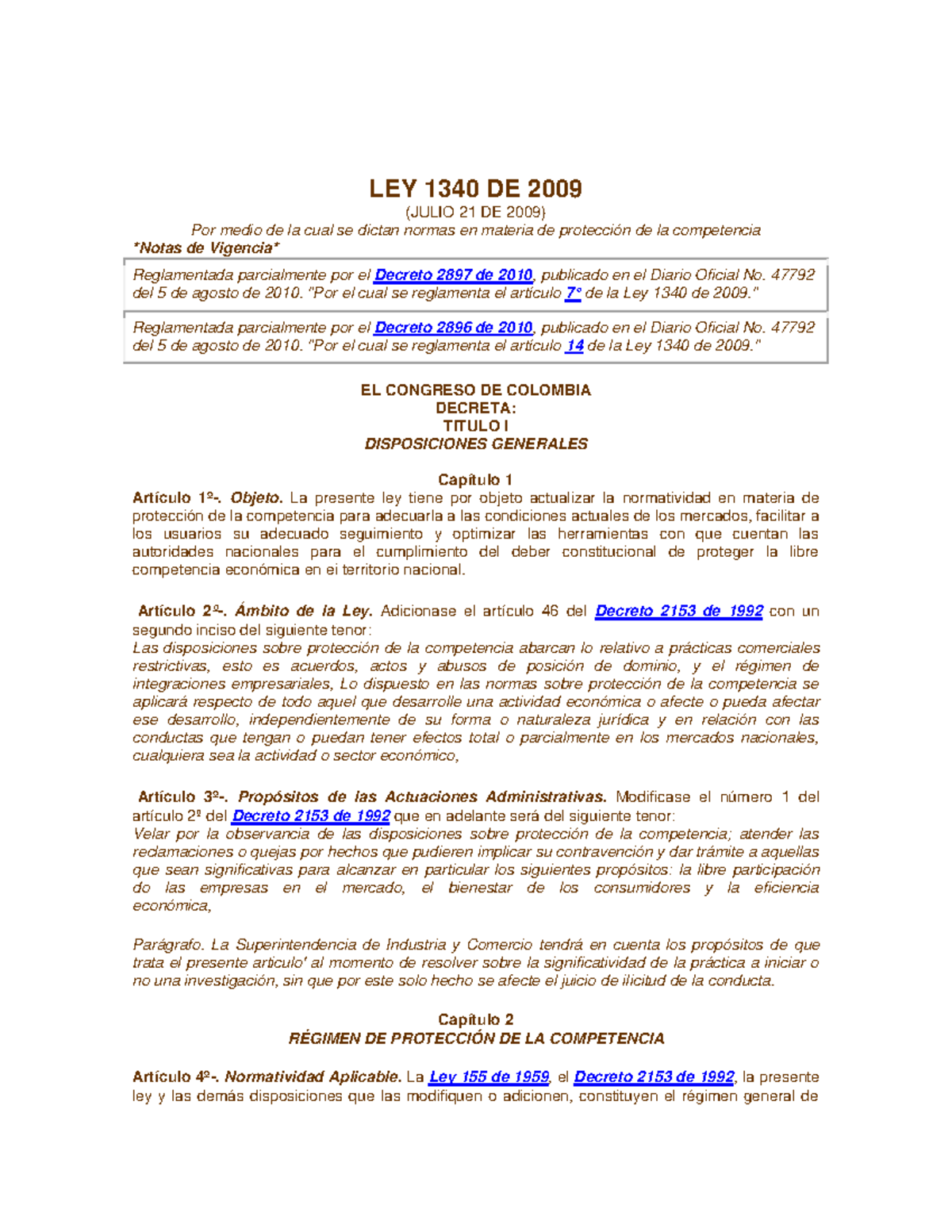 LEY Colombiana - qwerqwer - LEY 1340 DE 2009 (JULIO 21 DE 2009) Por ...