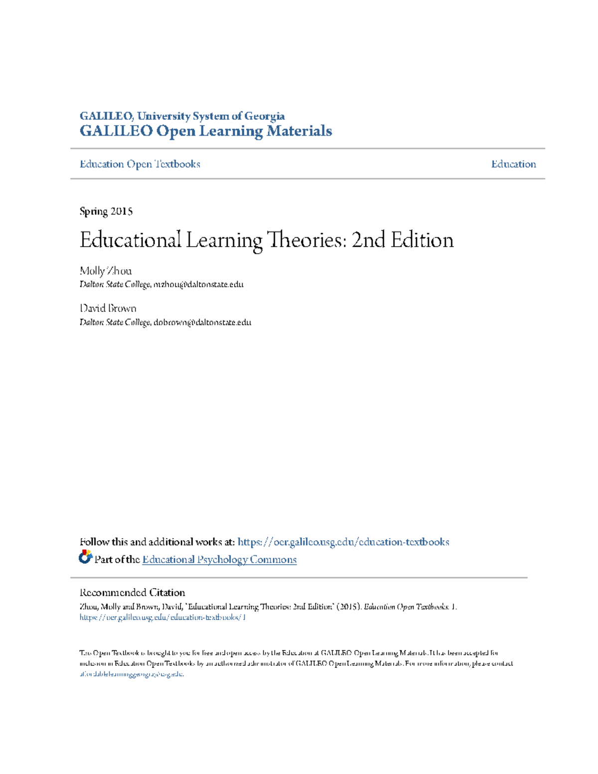 Educational Learning Theories 2nd Edition - GALILEO, University System ...
