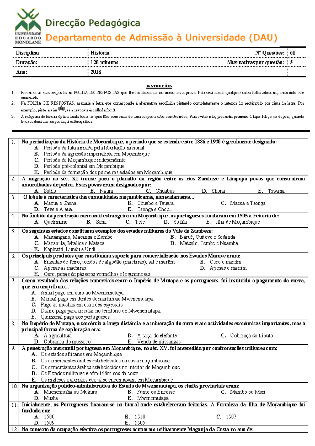 Todos Exames de Historia da UEM - em pdf - Disciplina História Nº ...