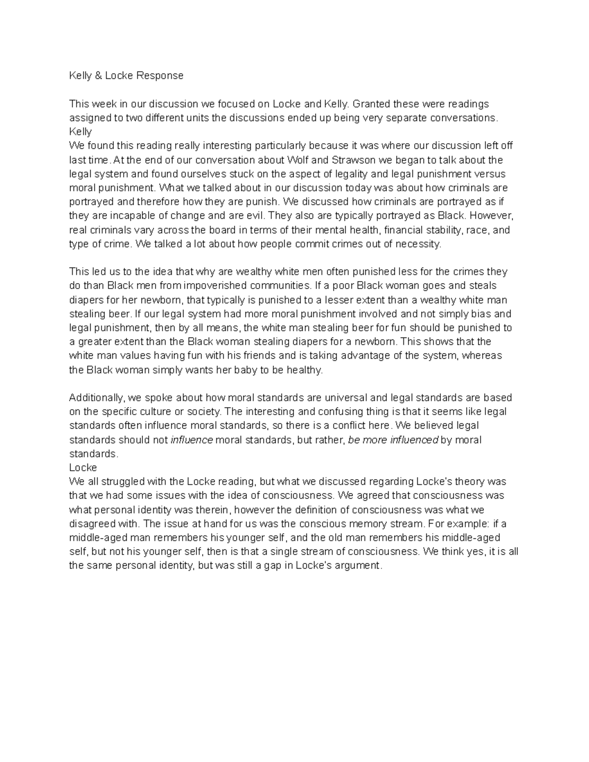 Philosophy discussion 5 - Kelly & Locke Response This week in our ...