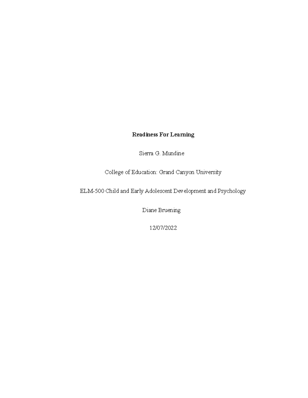 Readiness Letter - Readiness For Learning Sierra G. Mundine College of ...