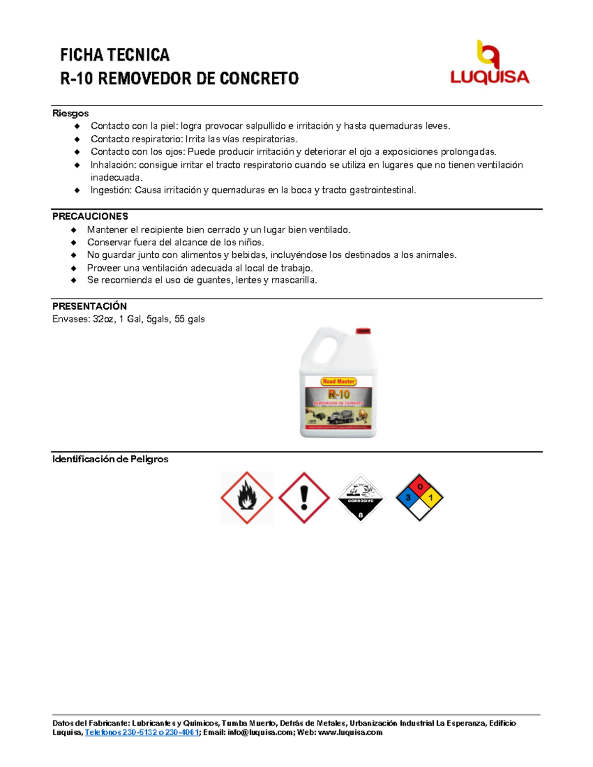 N° 01 HOJA DE Seguridad Removedor Luquisa - Datos del Fabricante ...