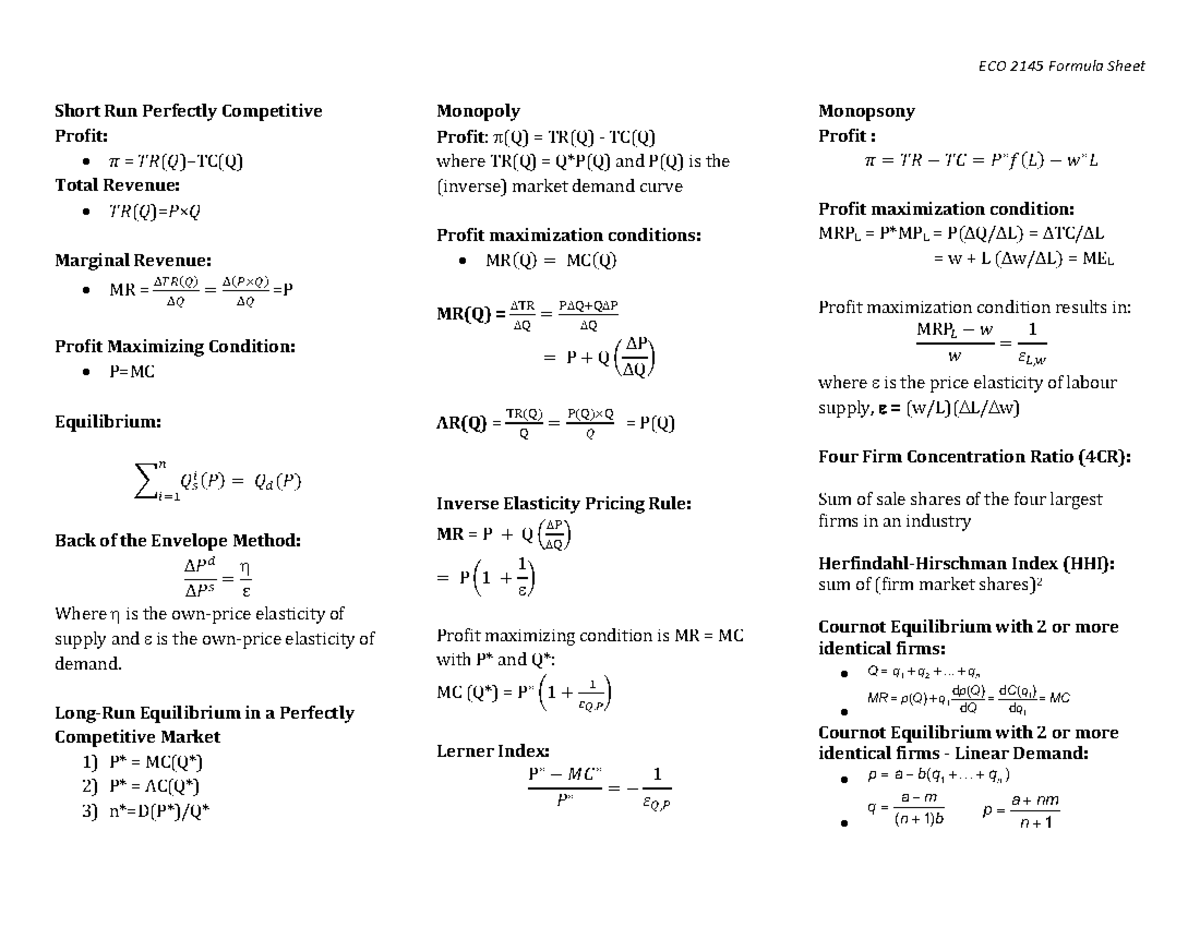Formula Sheet - ECO 2145 Formula Sheet Short Run Perfectly Competitive ...