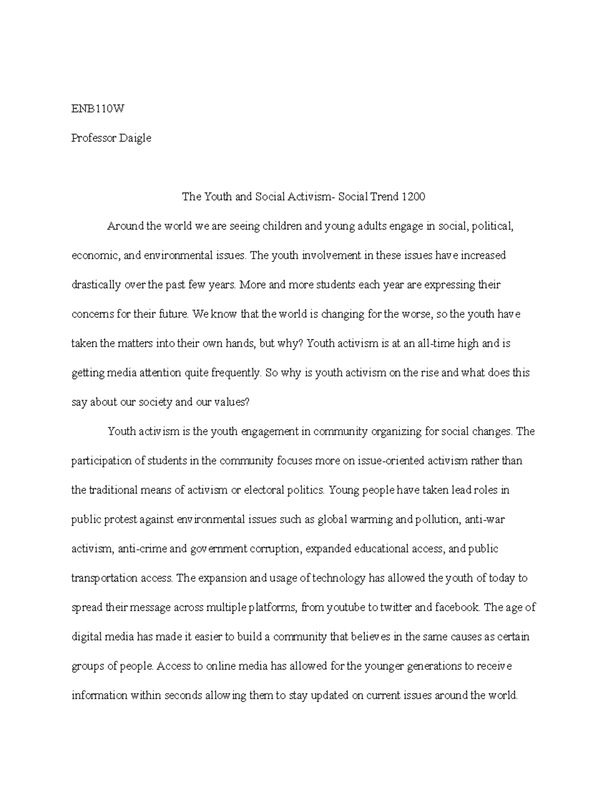 Enb 110 - Essay on youth activism - ENB110W Professor Daigle The Youth ...