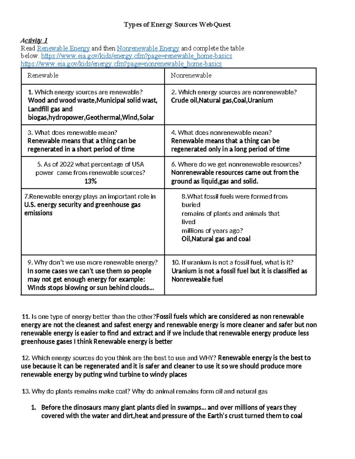 Types of Energy Webquest - Types of Energy Sources WebQuest Activity 1 ...