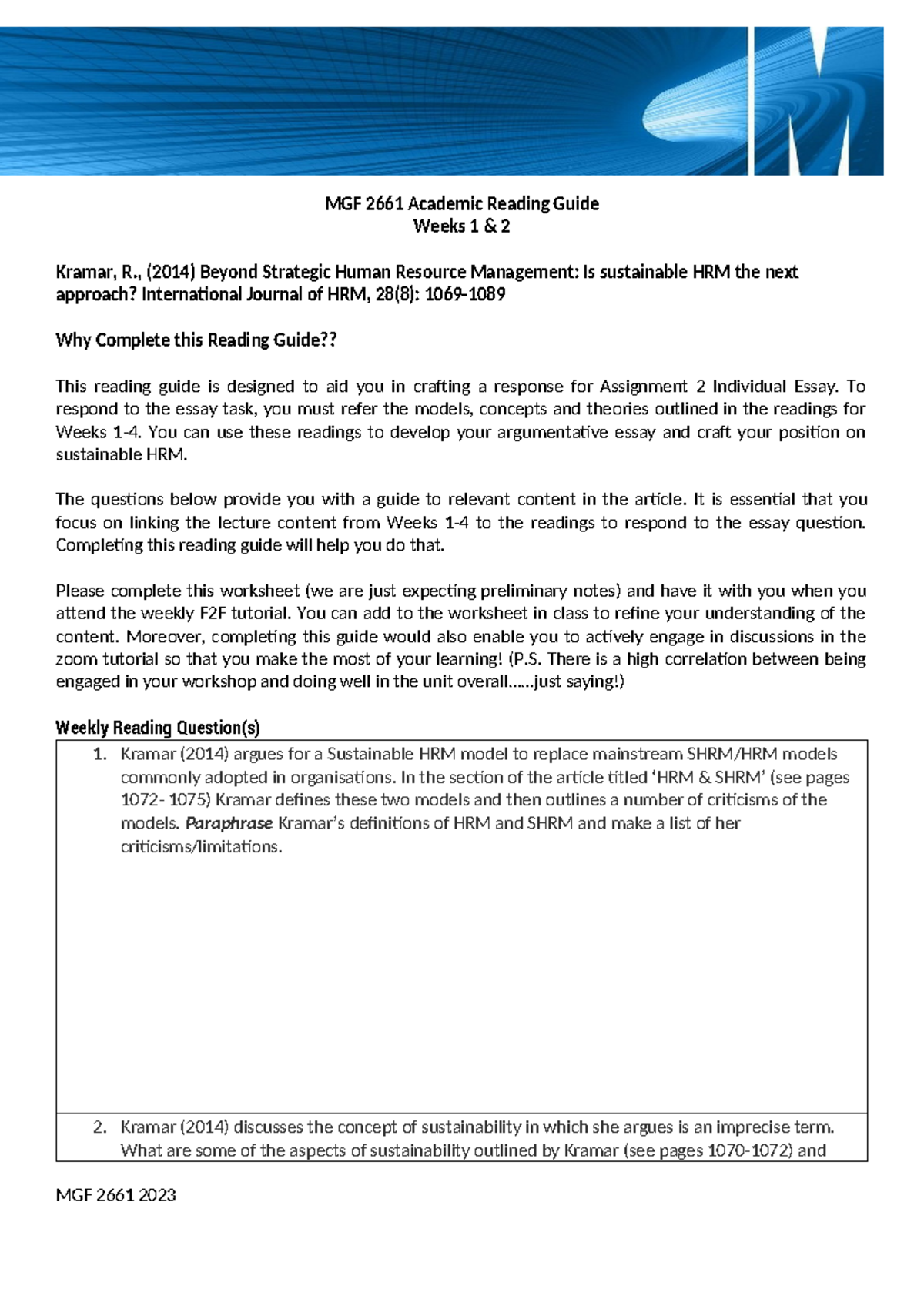 MGF 2661 Academic Reading Worksheet Weeks 1 2 Kramar 2014 - MGF 2661 ...