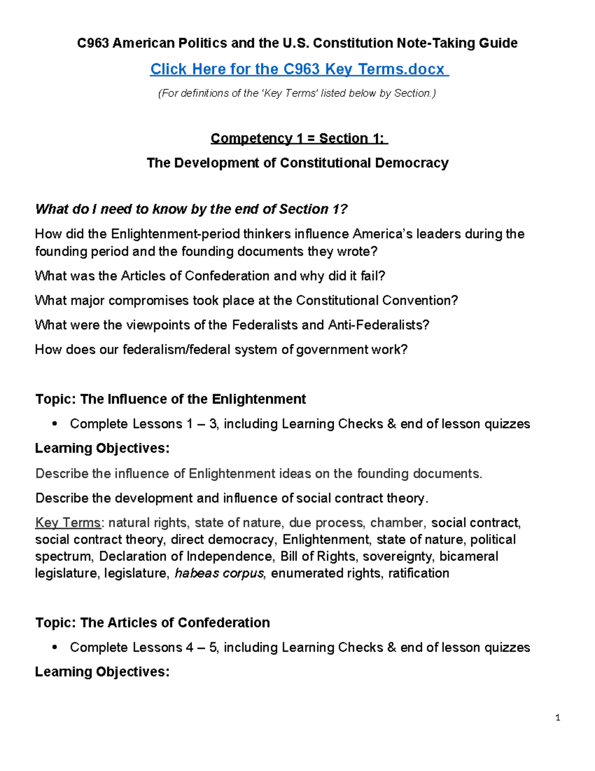 C963 All Sections Note Taking Guide - C963 American Politics and the U ...