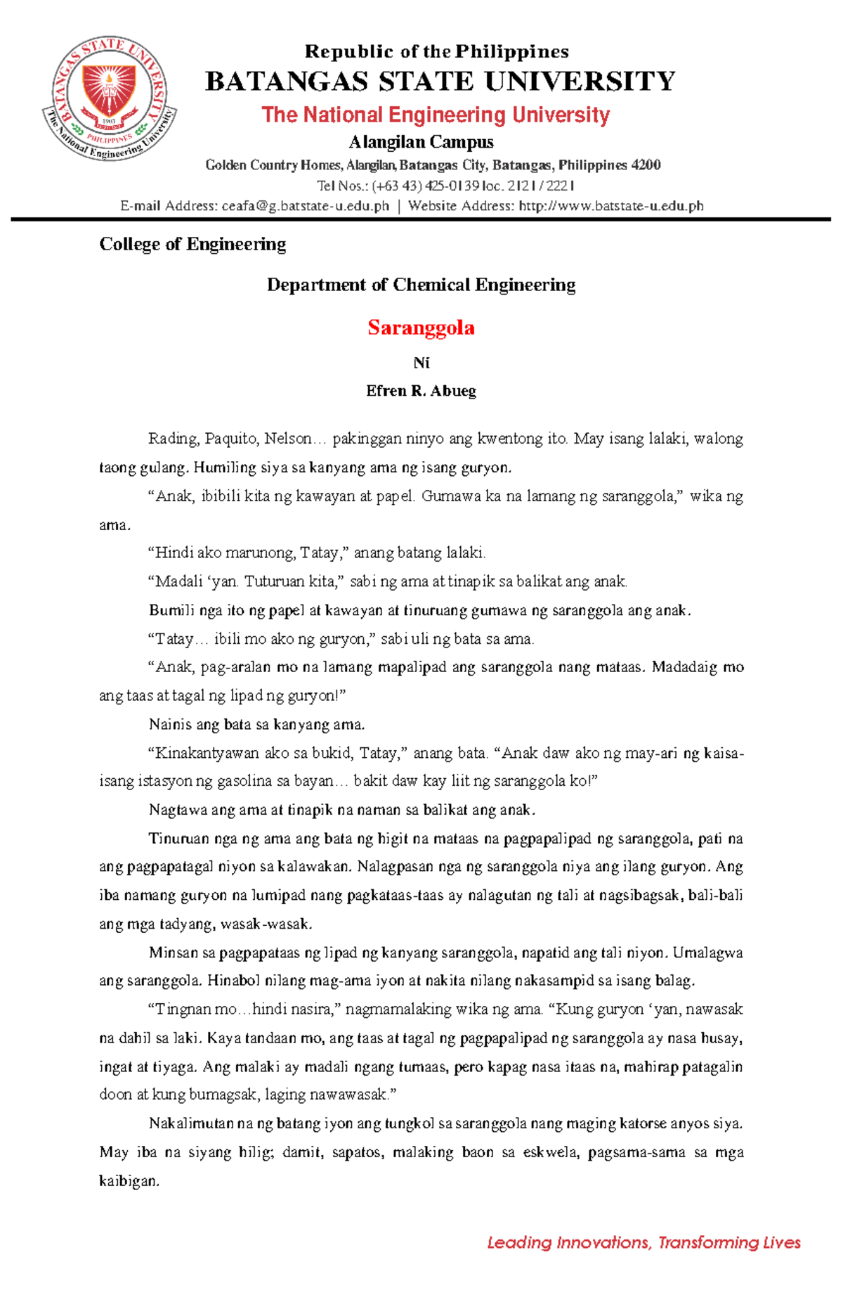Saranggola ni Efren R. Abueg - Republic of the Philippines BATANGAS ...