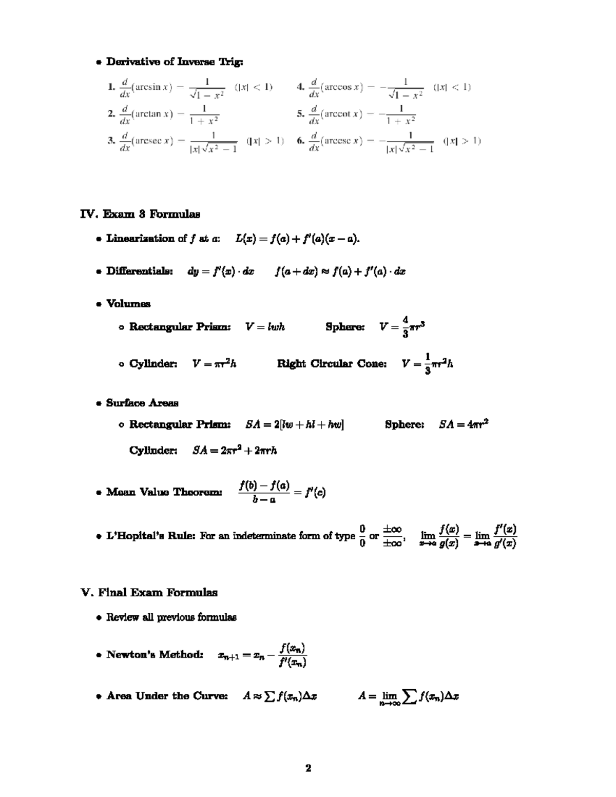 Calculus 1 formulas (Part 2) - MATH 111 - Studocu