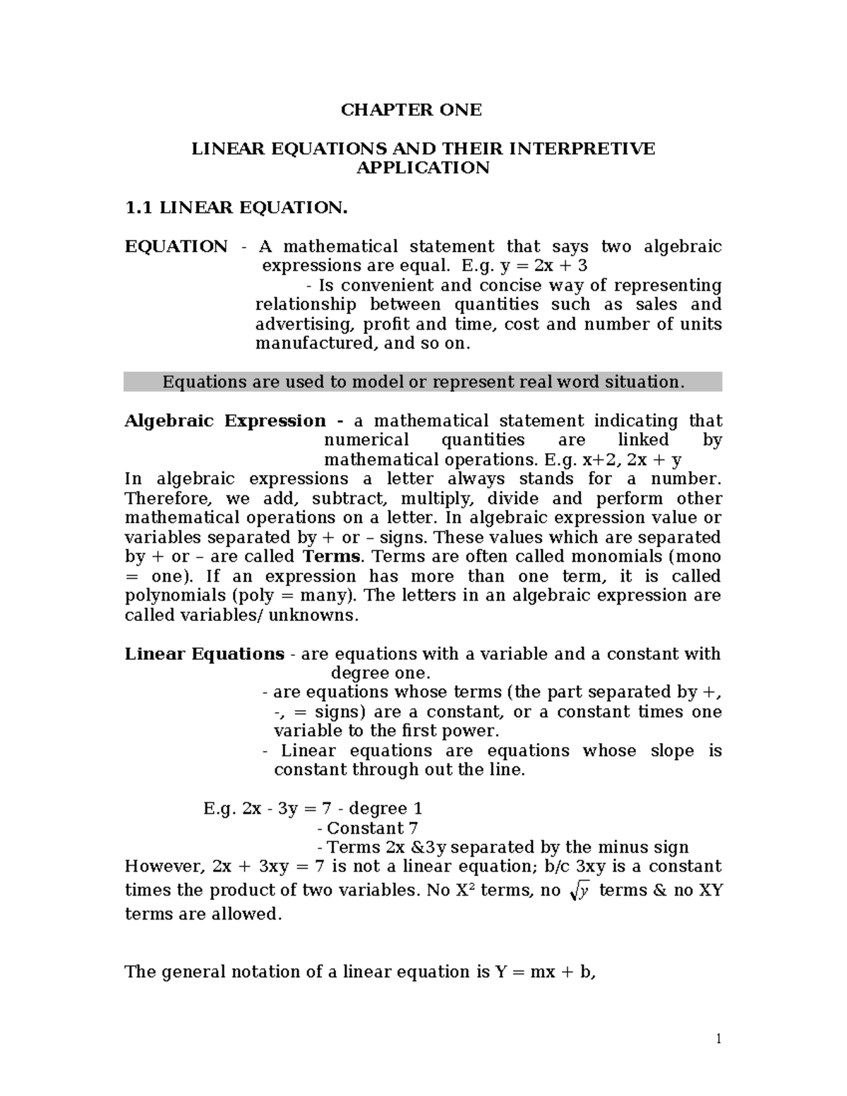 Maths for Management - CHAPTER ONE LINEAR EQUATIONS AND THEIR ...