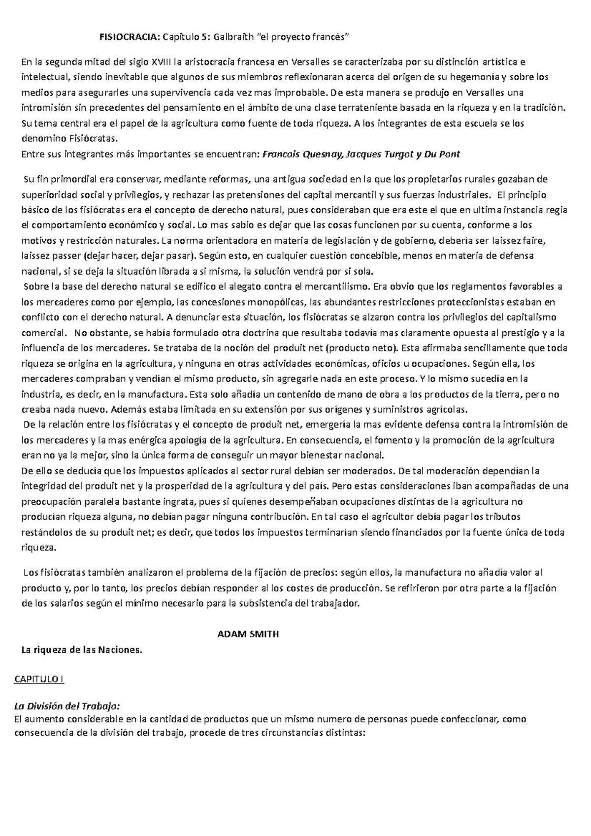 Resumen de los pensadores clasicos - FISIOCRACIA: Capitulo 5: Galbraith ...