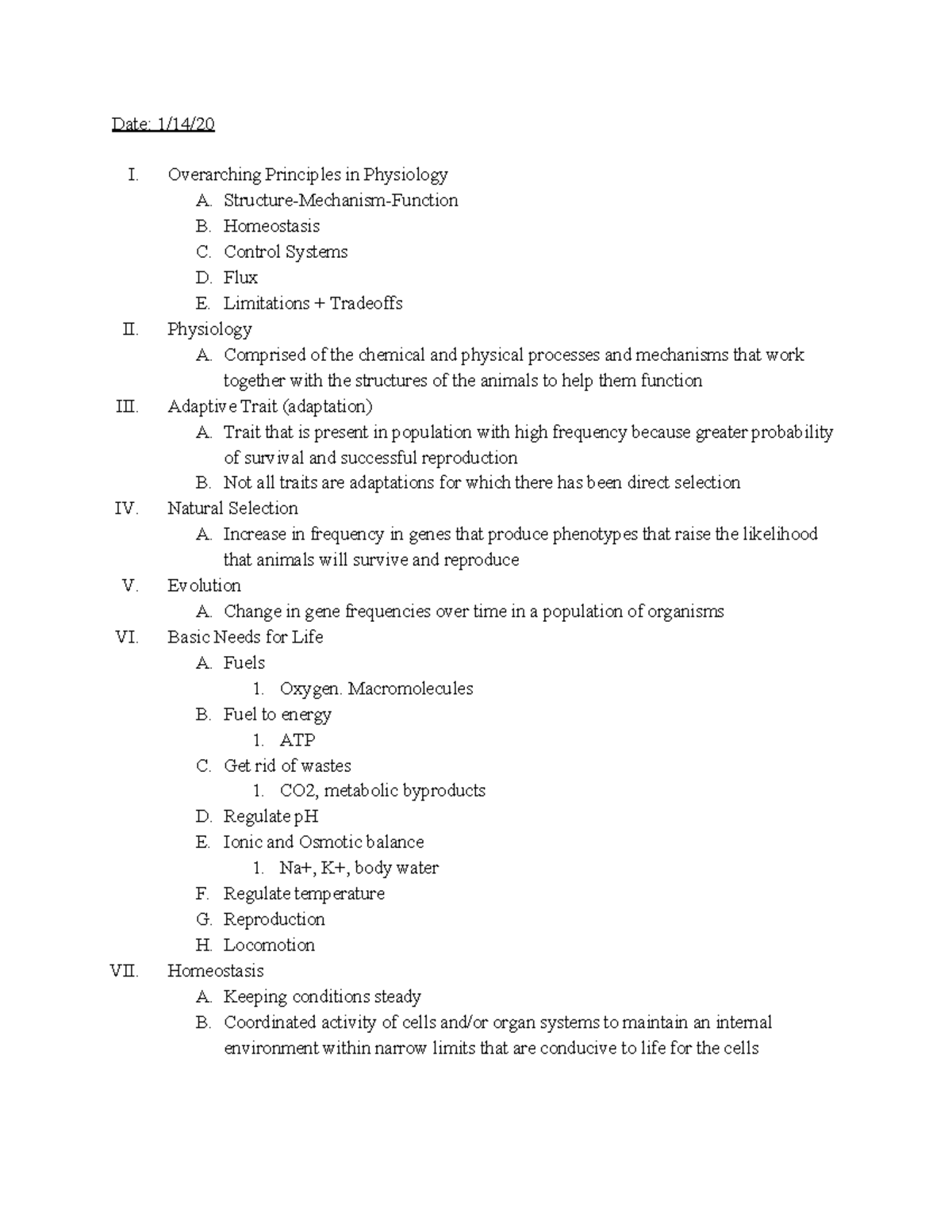 Physiology Notes Chapter 1 - Date: 1/14/ I. Overarching Principles in ...