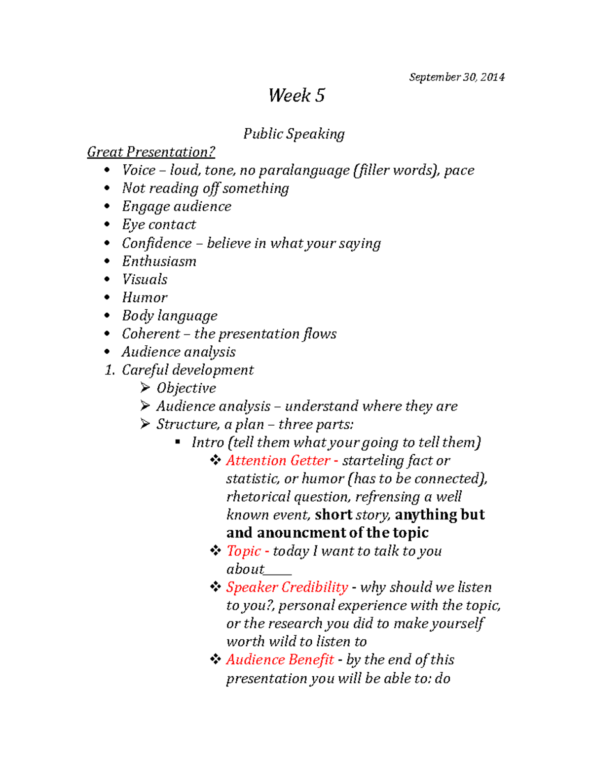 Week 5 - September 30, 2014 Week 5 Public Speaking Great Presentation ...