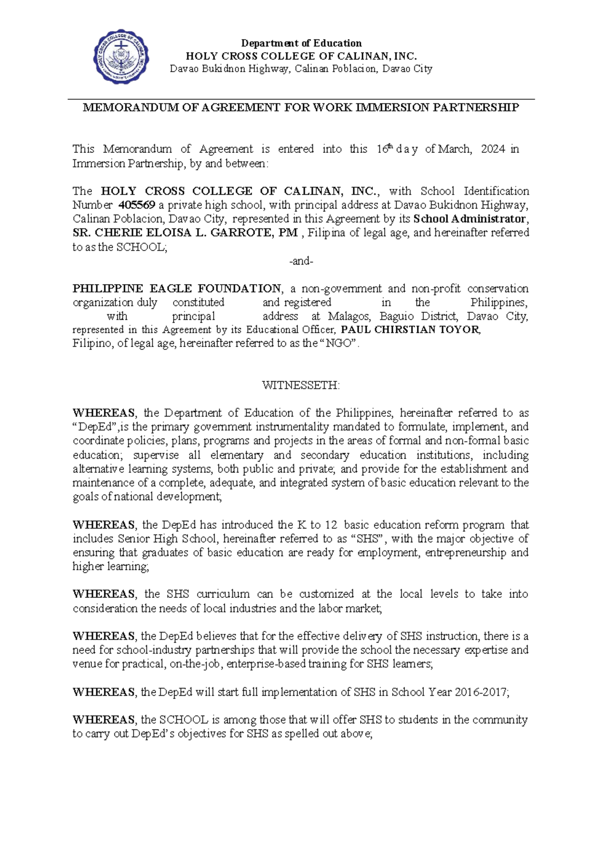 20 Aug MOA Template for Work Immersion NGO MAD - HOLY CROSS COLLEGE OF ...