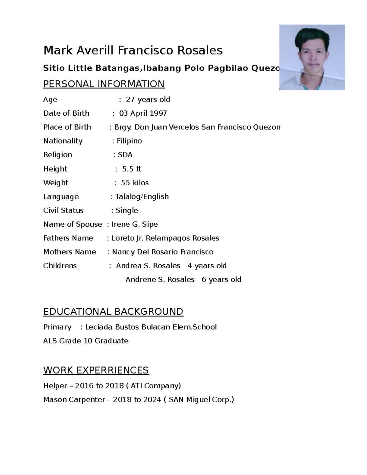 Mark Averill Francisco Rosales - Don Juan Vercelos San Francisco Quezon ...