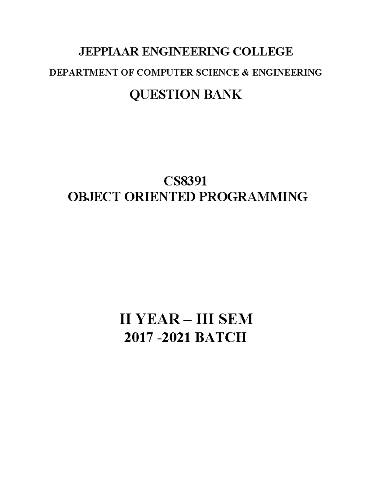 II YEAR III SEM CS8391 Object Oriented Programming - JEPPIAAR ENGINEERING COLLEGE DEPARTMENT OF ...