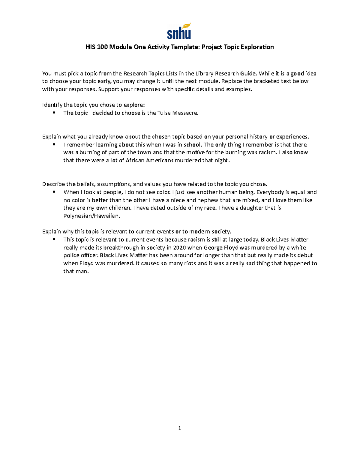 1-2 Project Topic Exploration - HIS 100 Module One Activity Template ...