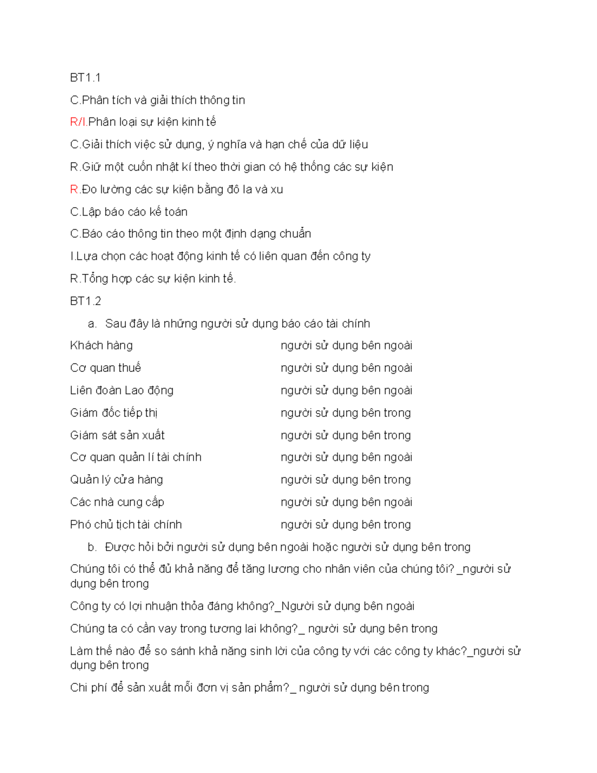 1 NLKT - nlkt - BT1. Cân tích và giải thích thông tin R/Iân loại sự kiện kinh tế Cải thích việc ...