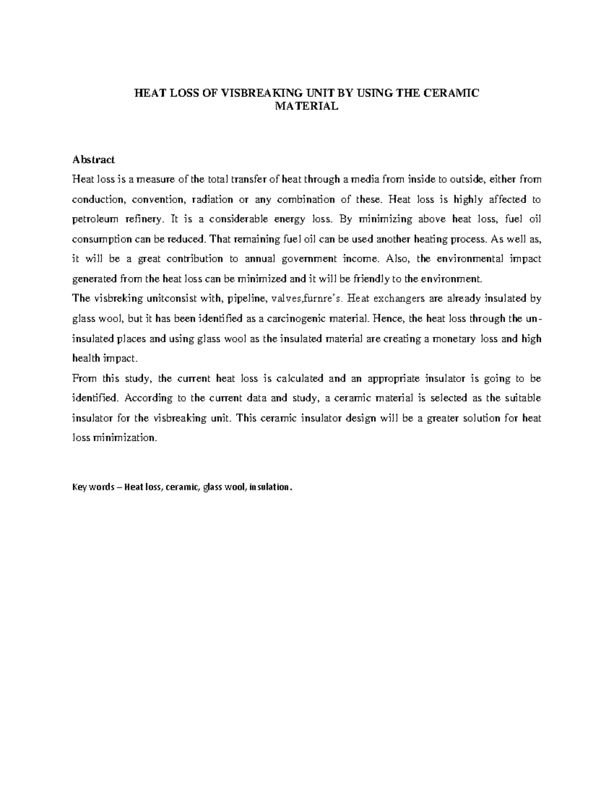 HEAT LOSS OF Visbreaking UNIT BY Using THE Ceramic - HEAT LOSS OF ...