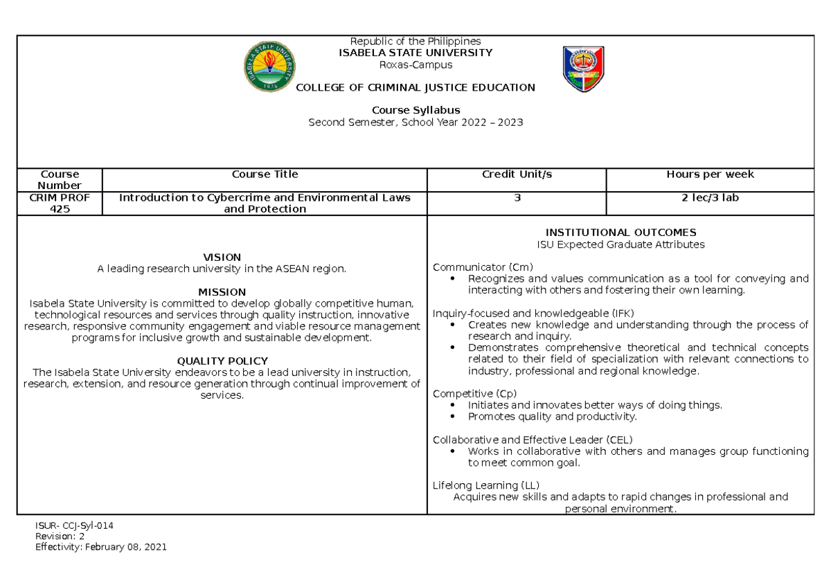 Crim-Prof-425-Syllabus-Intro to Cyber Crime - Republic of the Philippines ISABELA STATE ...