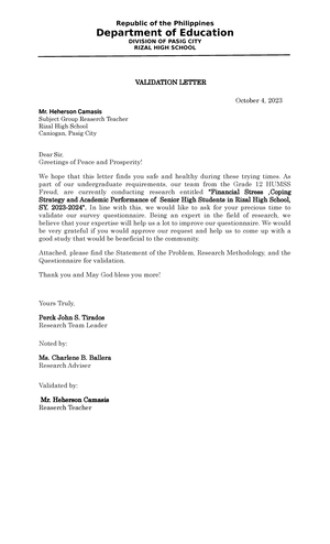 Validation Letter Template Ms - Republic of the Philippines Department ...