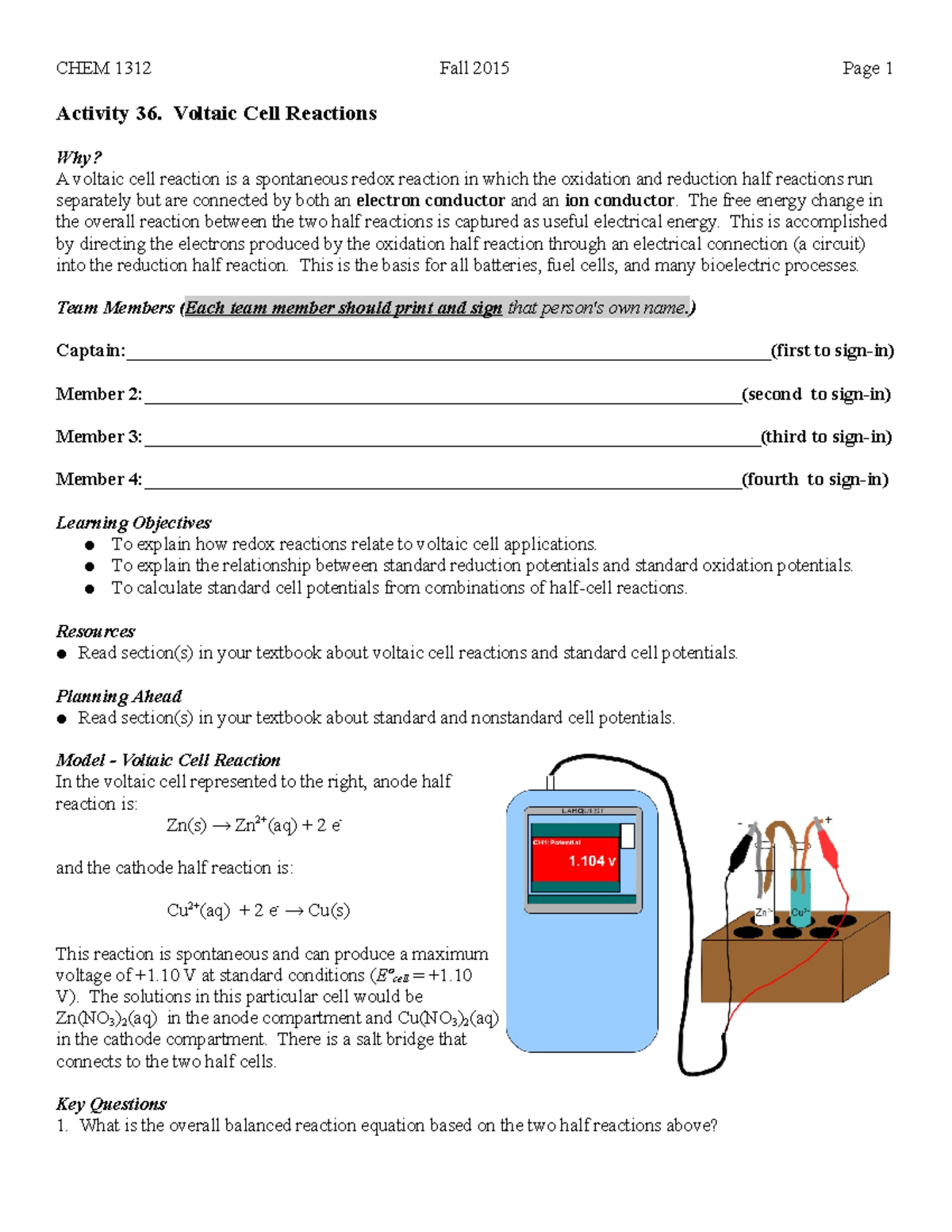 CHEM1312 Voltaic Cell reactions - CHEM 1312 Fall 2015 Page 1 Activity ...