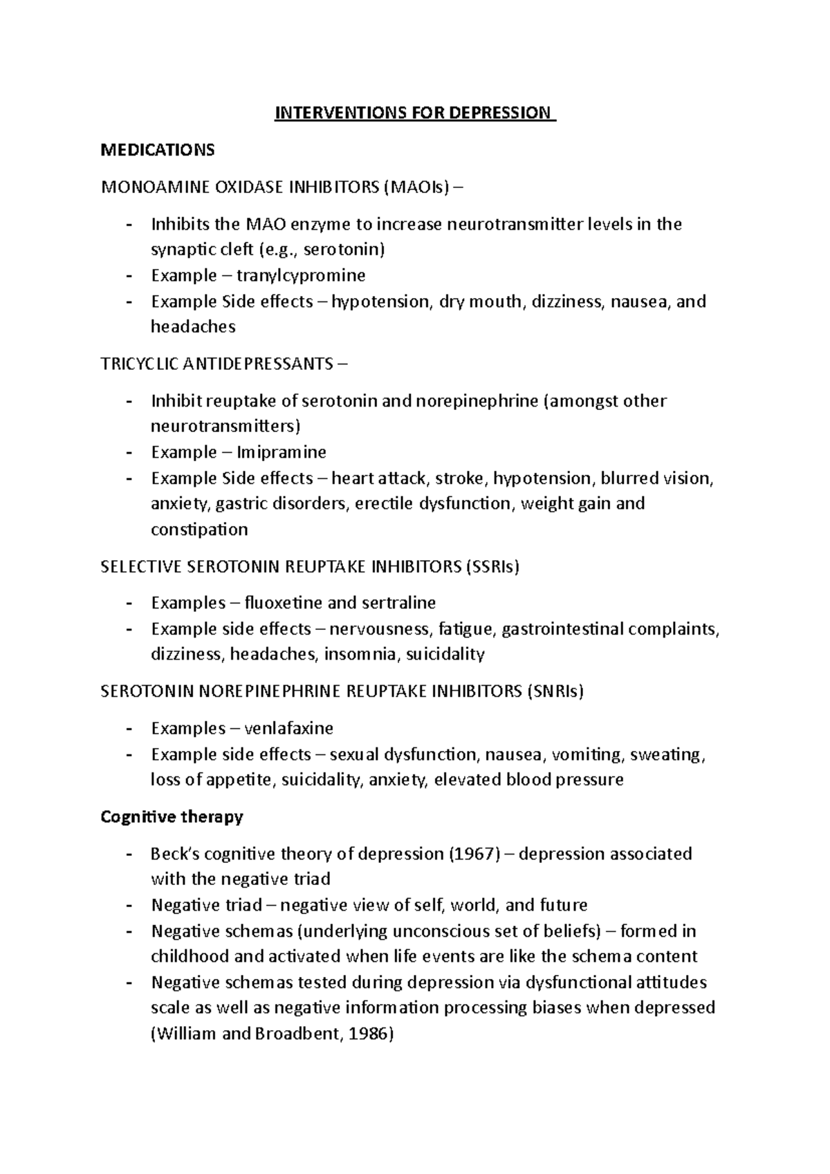 Interventions FOR Depression - INTERVENTIONS FOR DEPRESSION MEDICATIONS ...