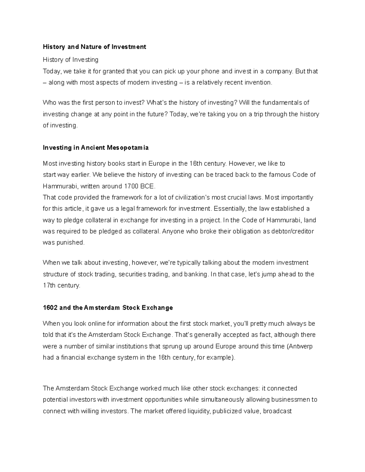 Day 2 investment p1 - Lecture notes 2.1 - History and Nature of ...