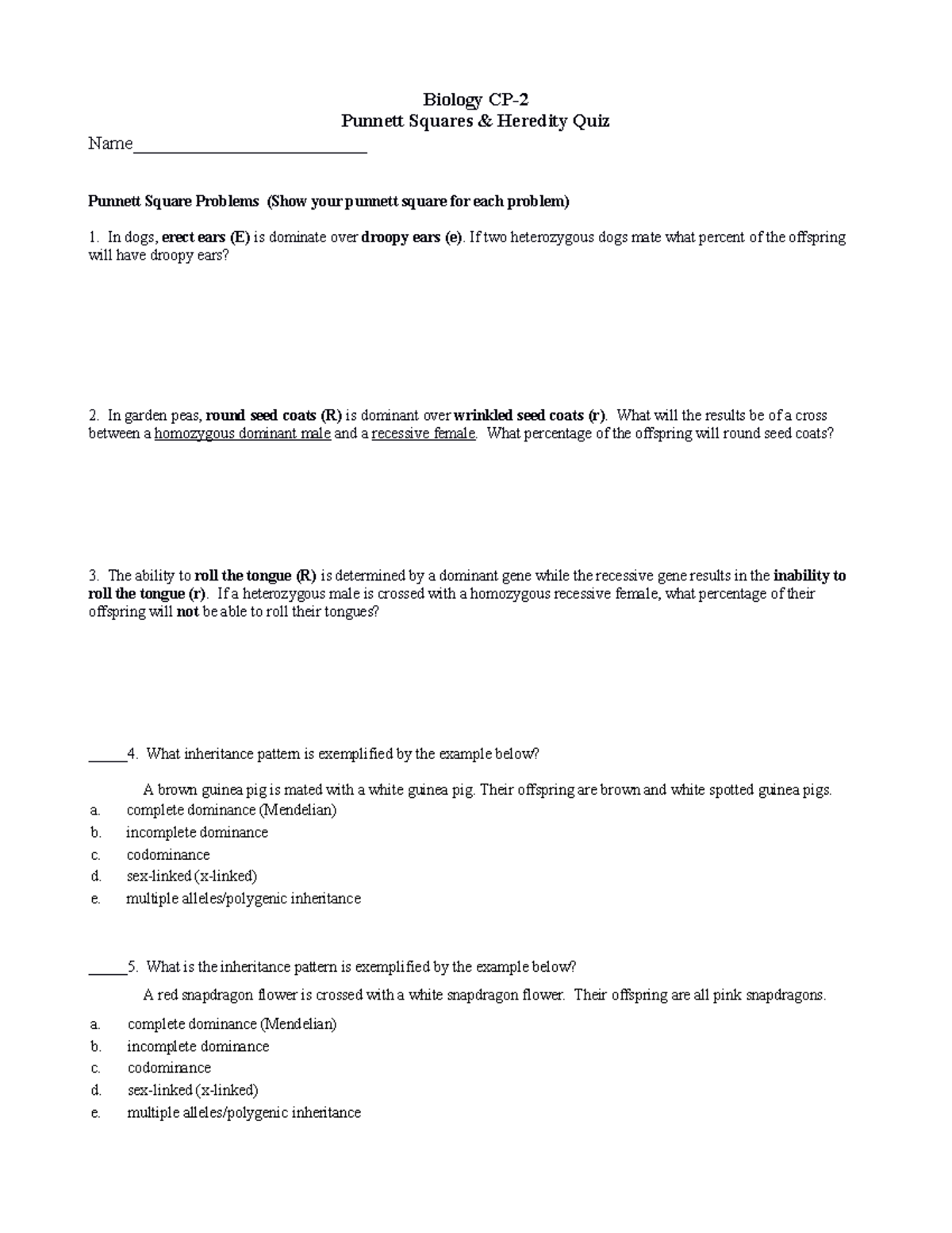 Biology CP-2 Punnett Square Quiz - Biology CP- Punnett Squares ...
