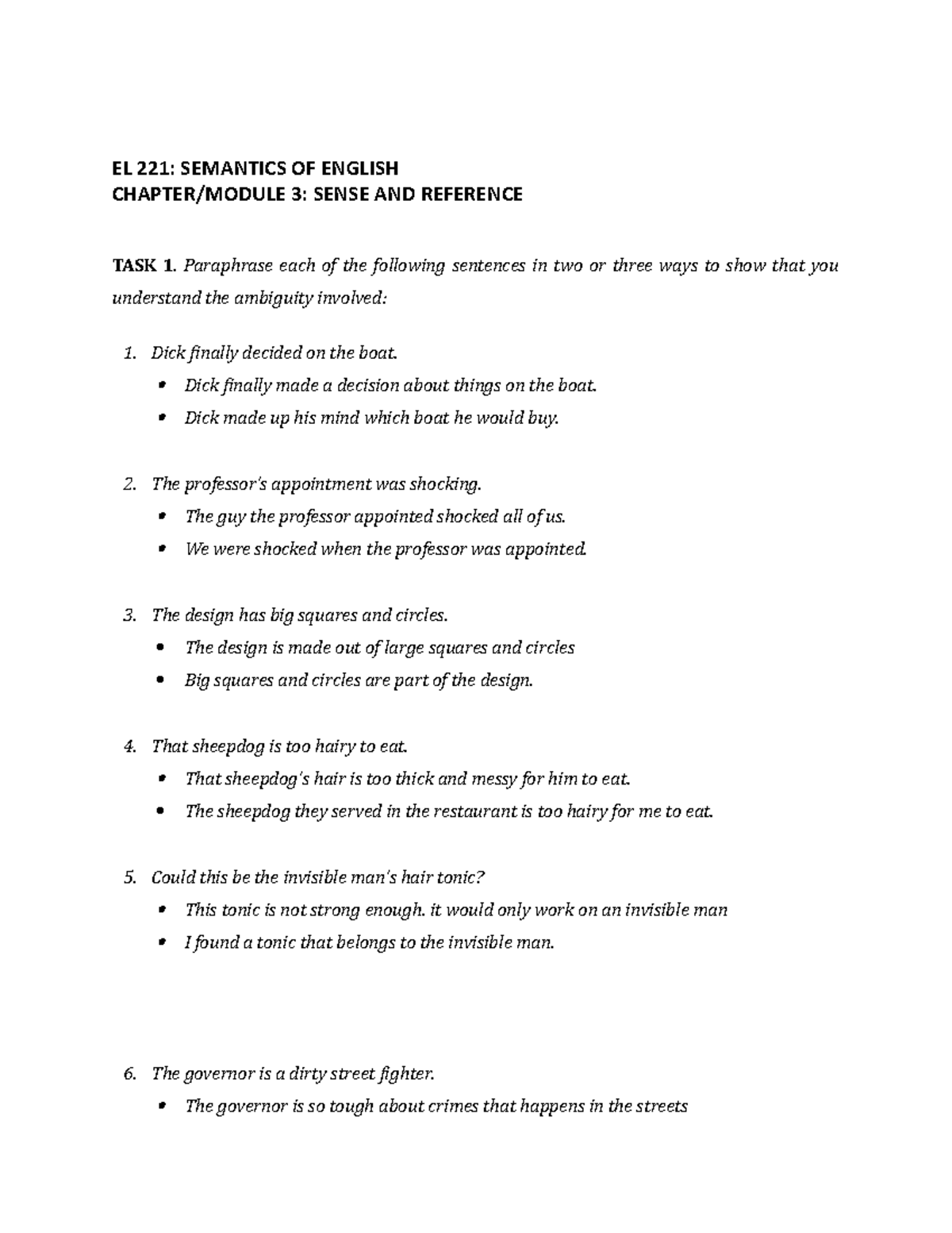 EL 221 Semantics Chapter 3 Module 3 Sense AND Reference - EL 221 ...