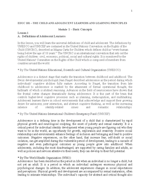 Educ 101-Module 1-Lesson 1B - EDUC 101 – THE CHILD AND ADOLESCENT LEARNERS AND LEARNING ...