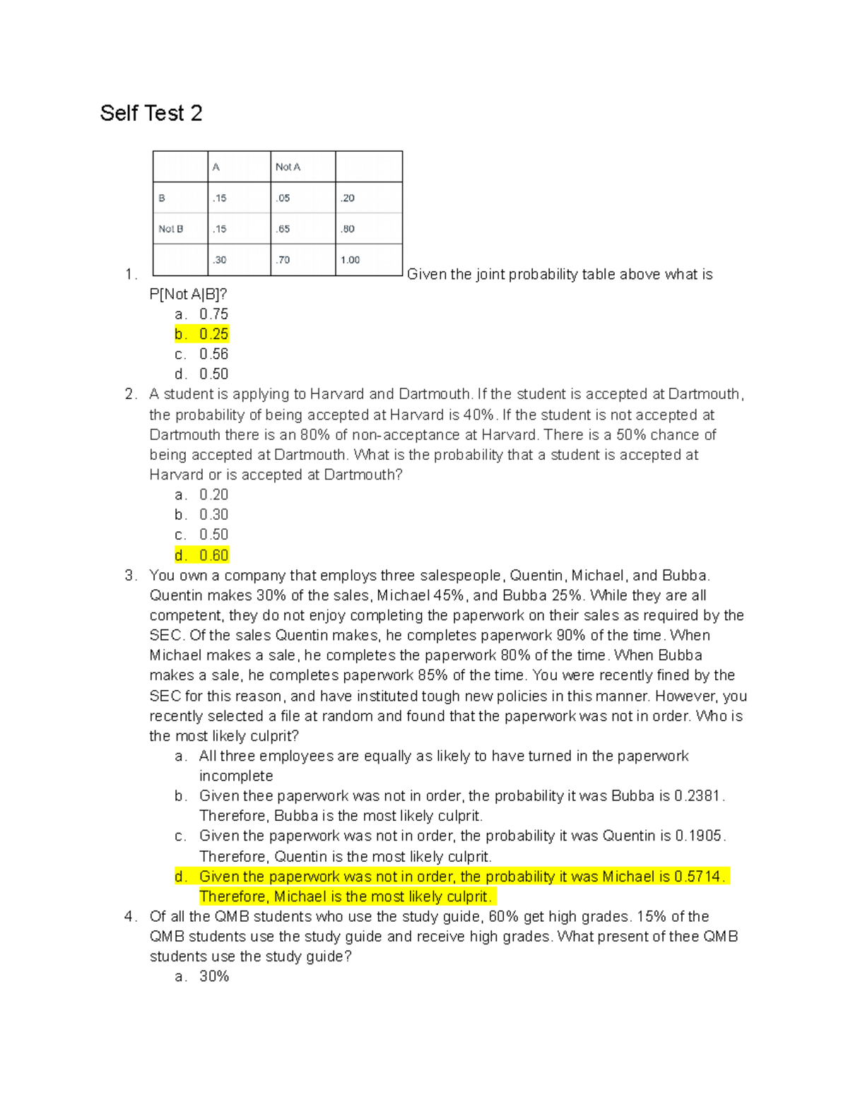 Self Test 2 - Self-test practice problems with the correct answer ...