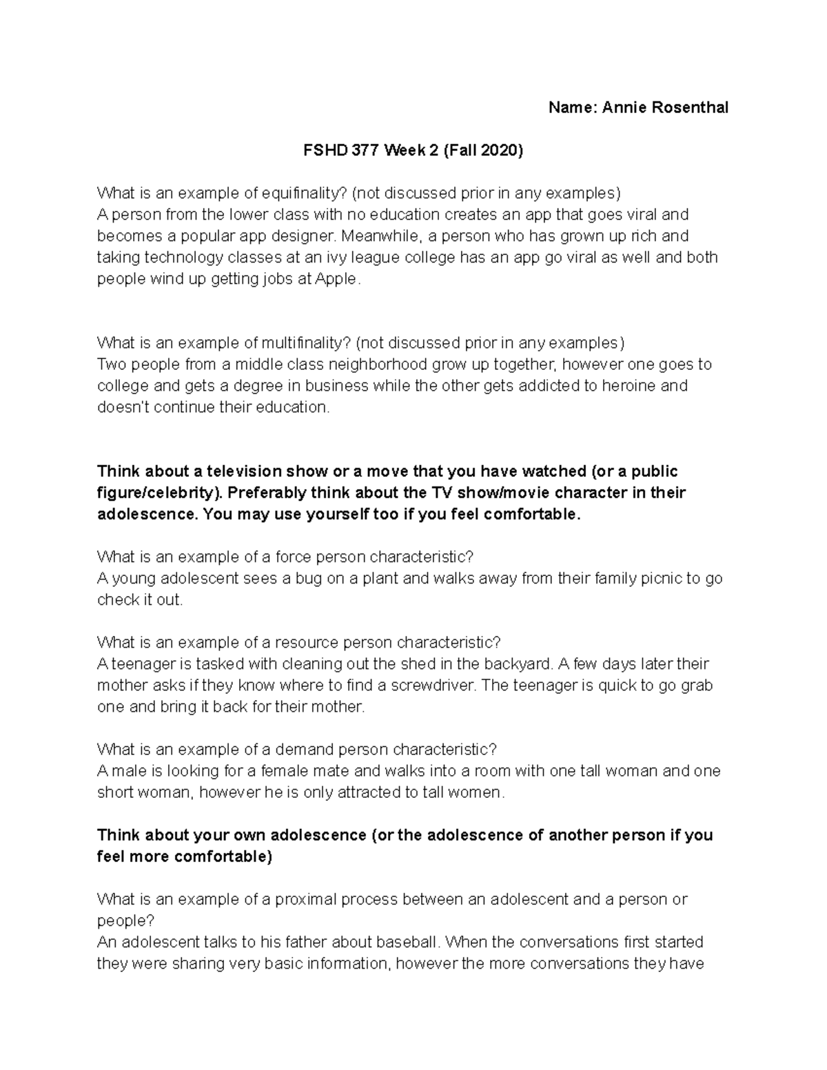 Weekly Engagement Sheet 2 - Name: Annie Rosenthal FSHD 377 Week 2 (Fall ...