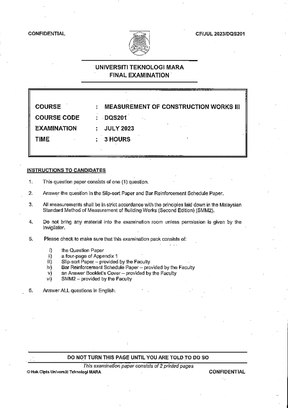 DQS201 - final exam paper - building environment - Studocu