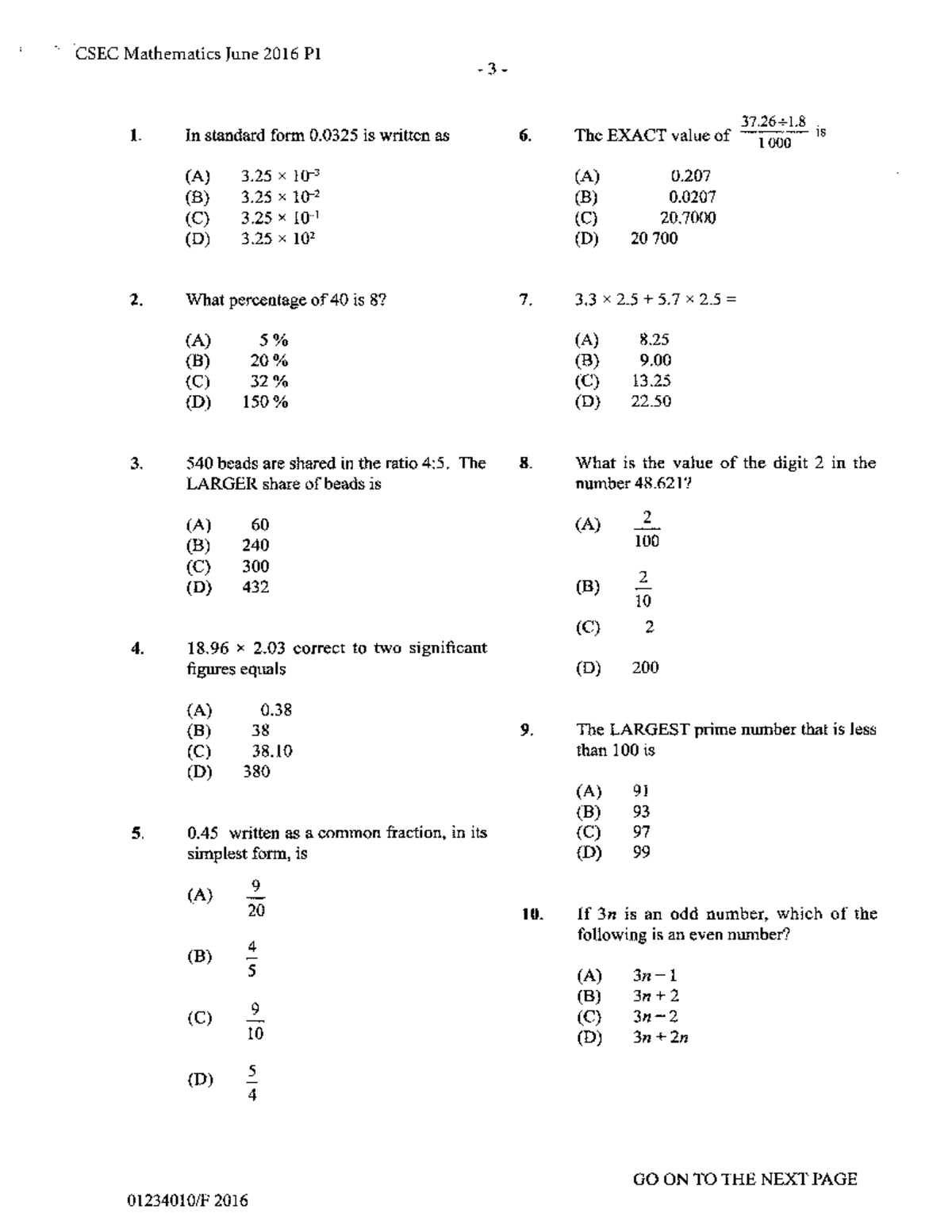 CSEC Mathematics June Past Papers 2016 Paper1 3 In Standard Form 0 Is