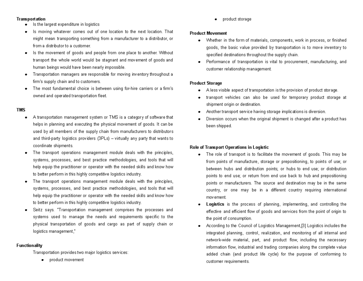 TMS M1 - Transportation management - Transportation Is the largest ...