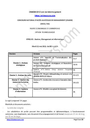 Cnaem Gestion, Management et Informatique 2014 - CONCOURS NATIONAL D'ACCÈS AUX ÉCOLES DE ...