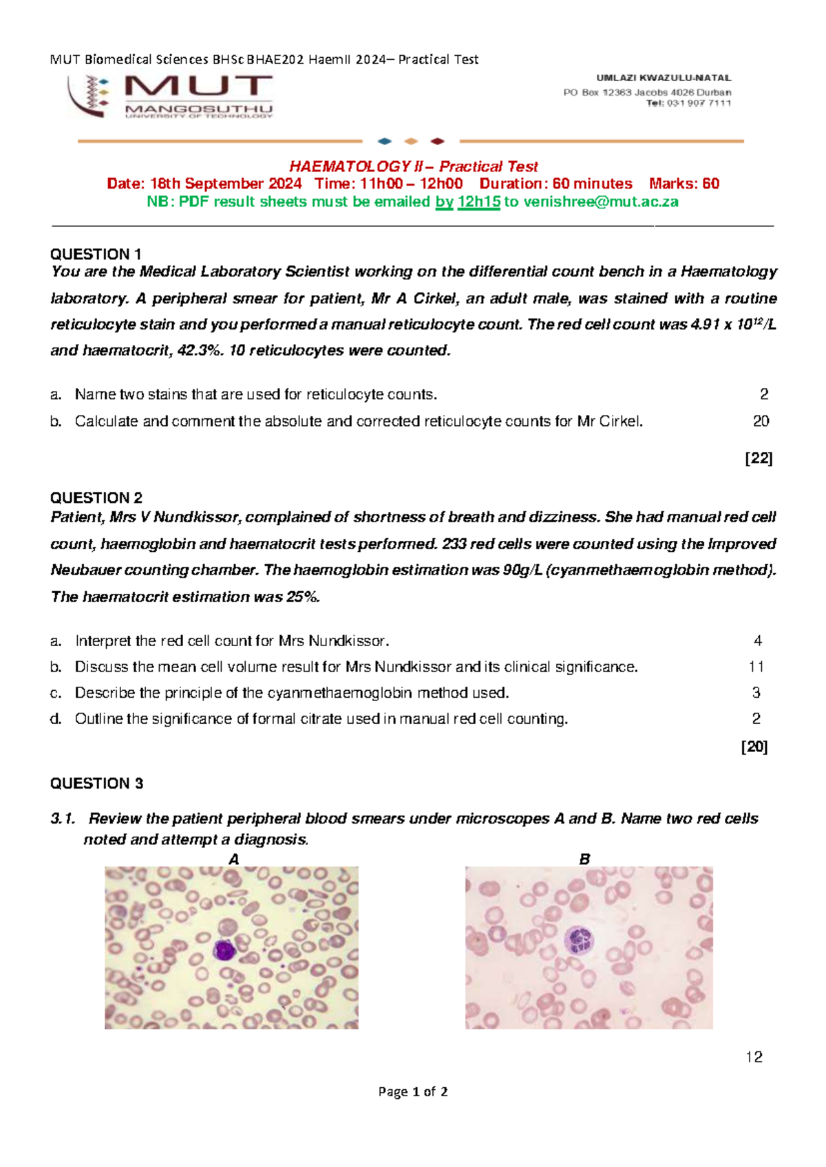 Haem II 2024 Test Prac test BHSc - MUT Biomedical Sciences BHSc BHAE202 ...