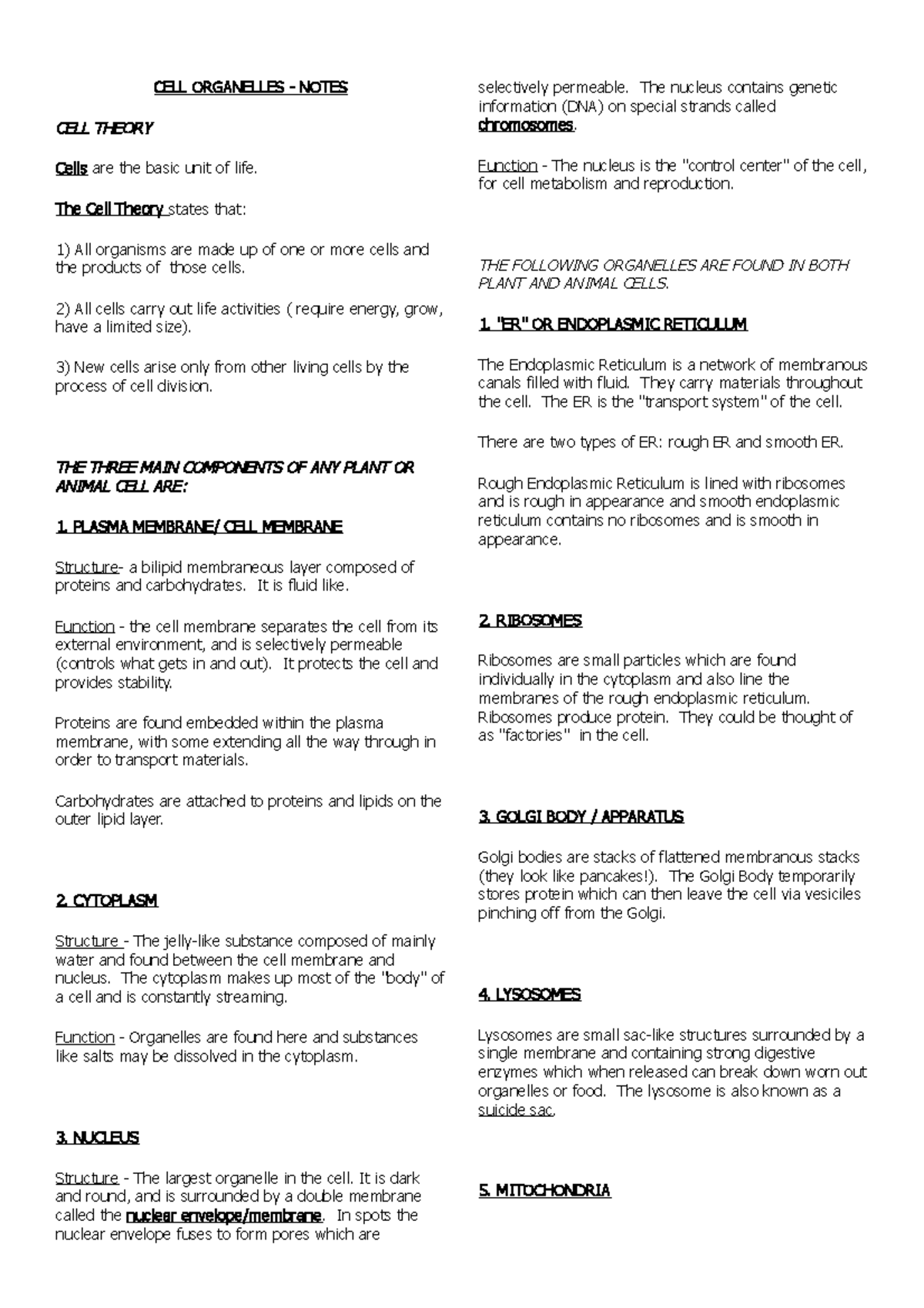 Cell Notes - ANATOMY - CELL ORGANELLES - NOTES CELL THEORY Cells are ...