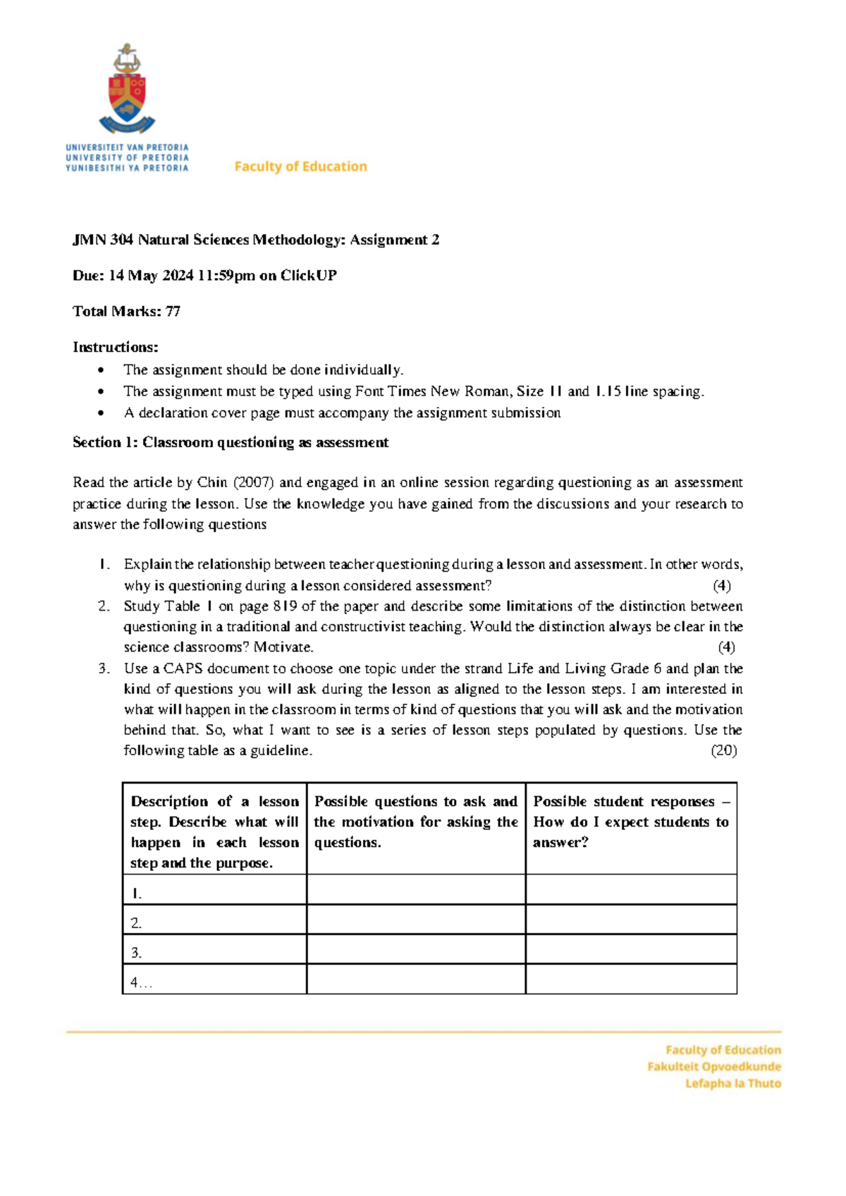 Assignment 2 - Room 4-1, Level 4, Building University of Pretoria ...