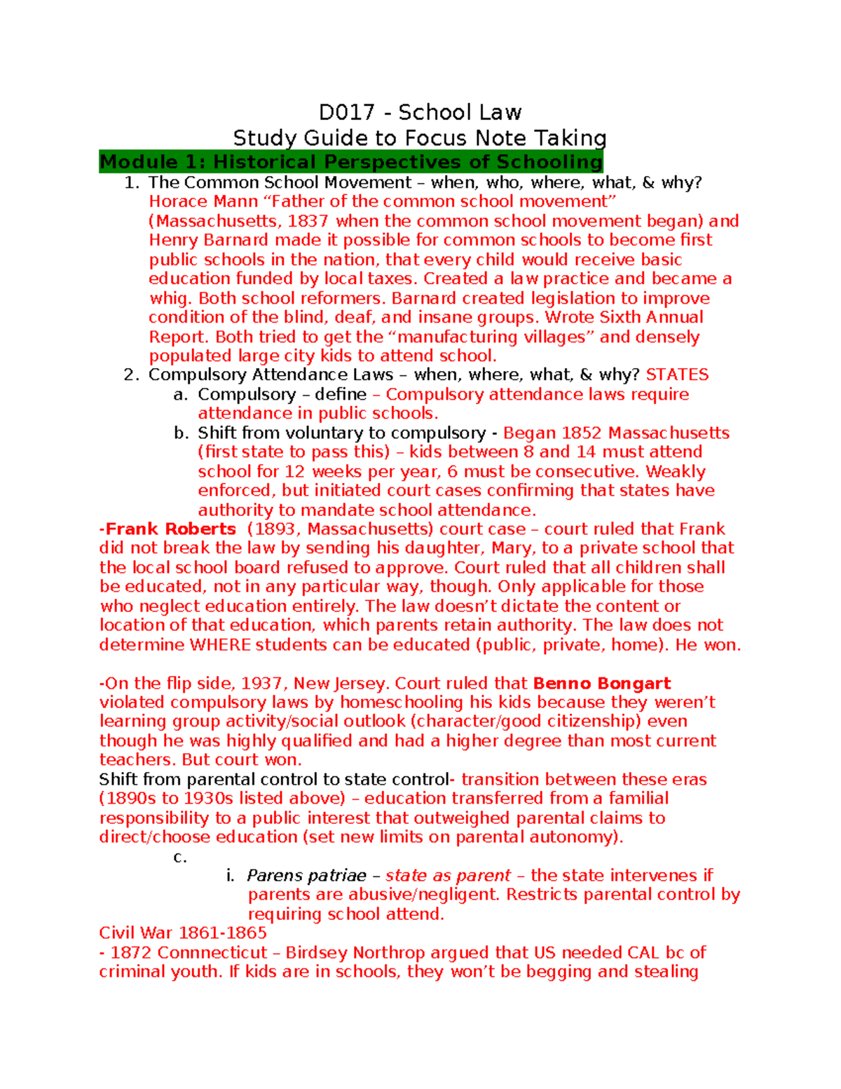 D017 Study Guide Module 1 - D017 - School Law Study Guide to Focus Note ...