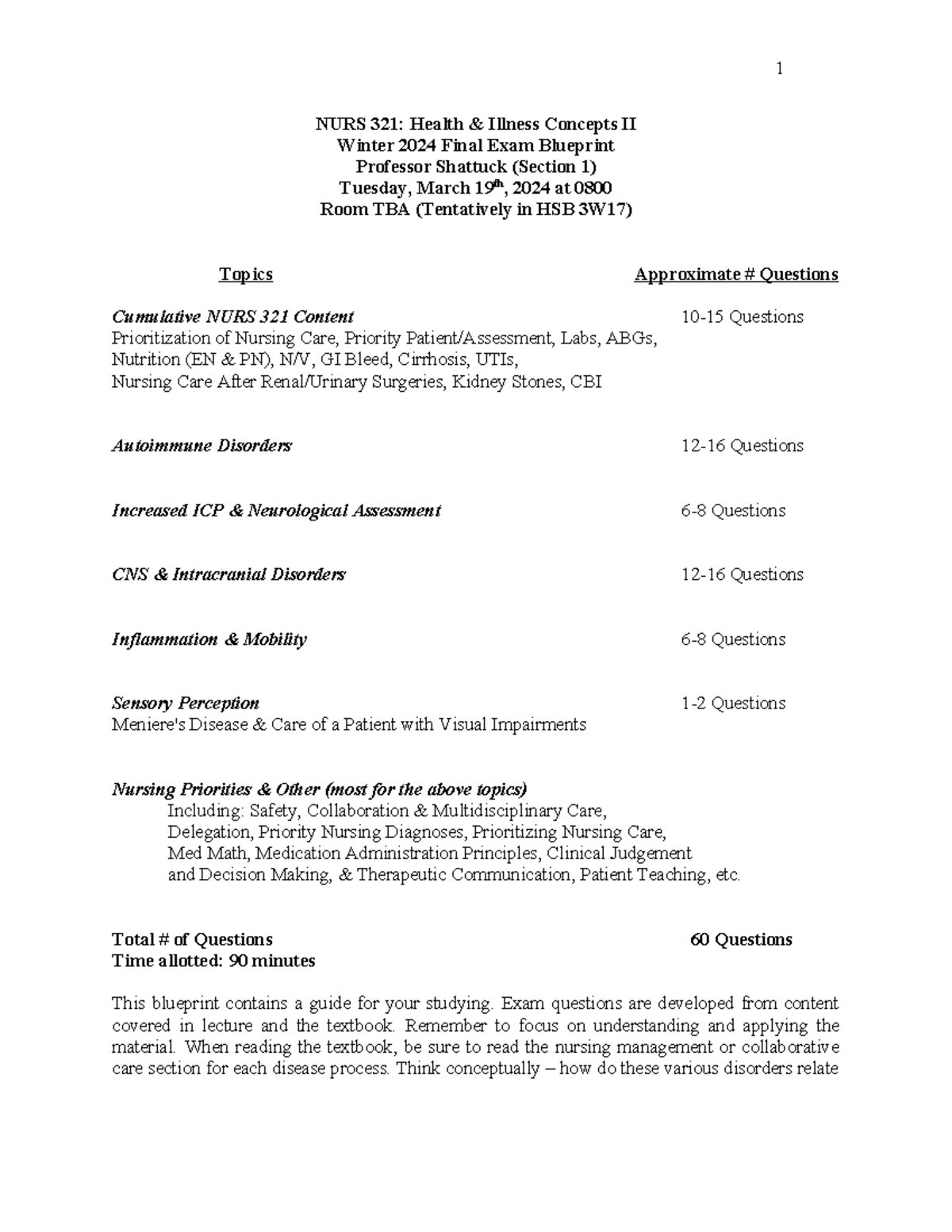 Blueprint for NURS 321 Final Exam Winter 2024 - 1 NURS 321: Health ...